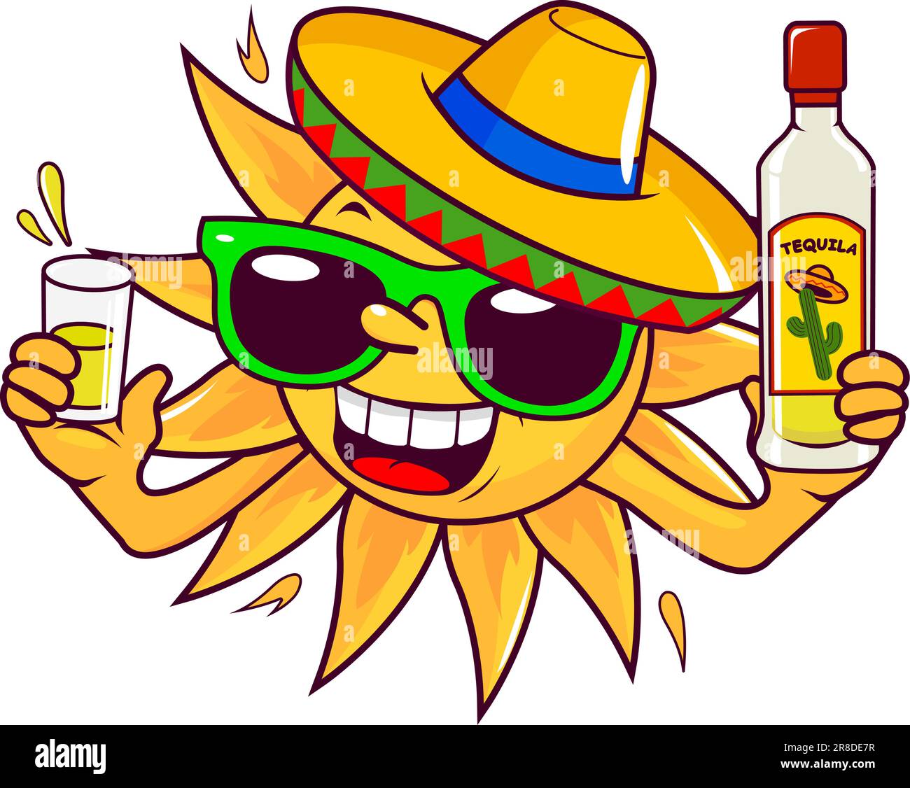 A cartoon summer sun with a sombrero and sunglasses, drinking a shot of ...