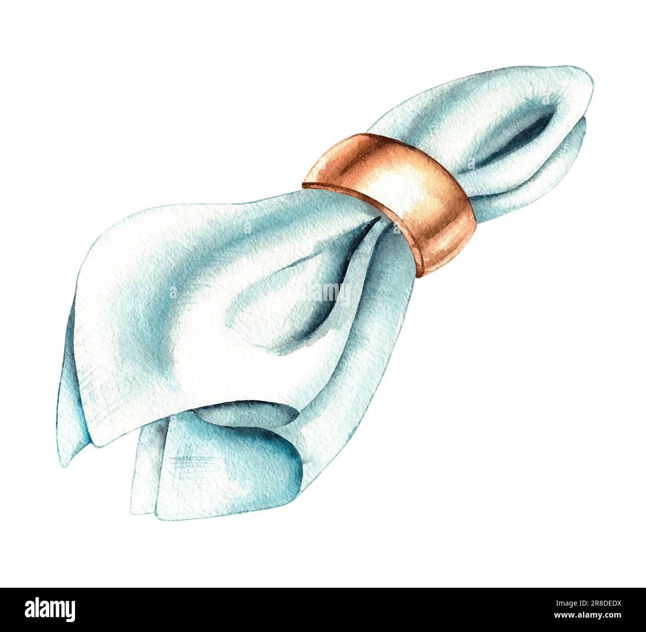 Blue napkin with copper ring isolated on white background. Watercolor ...