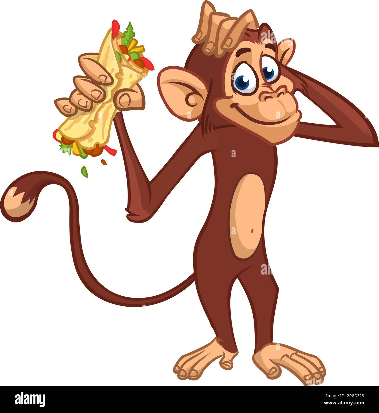 Cartoon funny monkey chimpanzee holding falafel or kebab in his hands ...