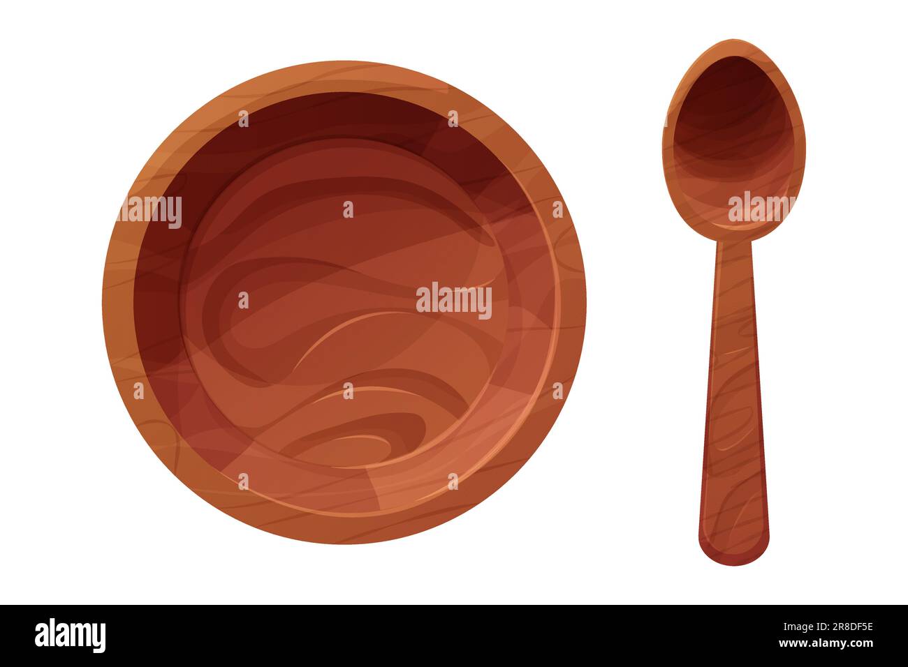 Set Wooden plate with spoon, bowl top view in cartoon style isolated on ...