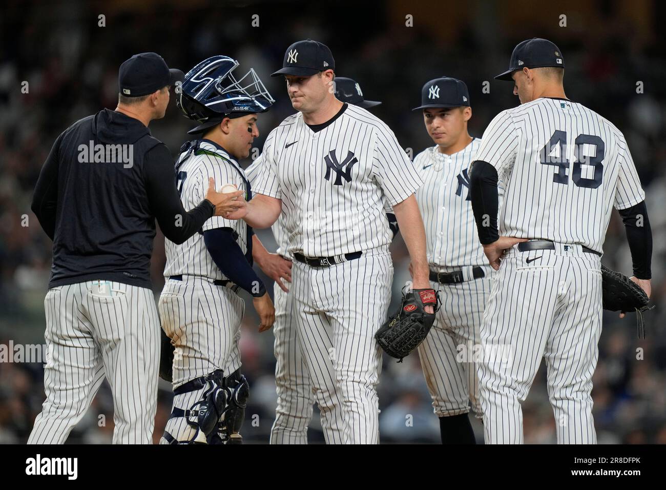 New York Yankees starting pitcher Gerrit Cole (45) is relieved in the ...