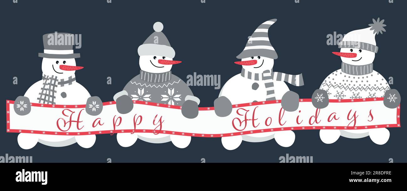 happy snowmen holding poster "Happy Holidays". Merry Christmas greeting ...