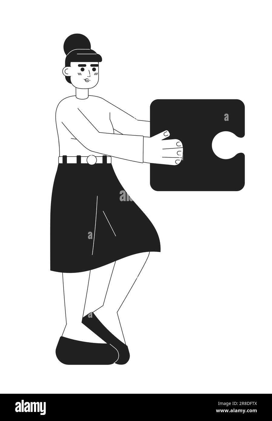 Female office worker holding puzzle piece monochromatic flat vector ...