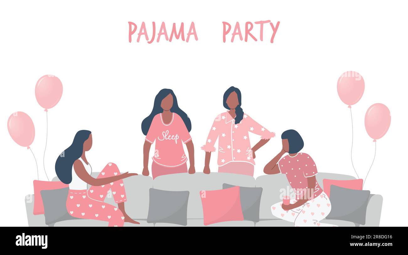 Pajama party. Young women in pajamas are sitting on the couch and ...