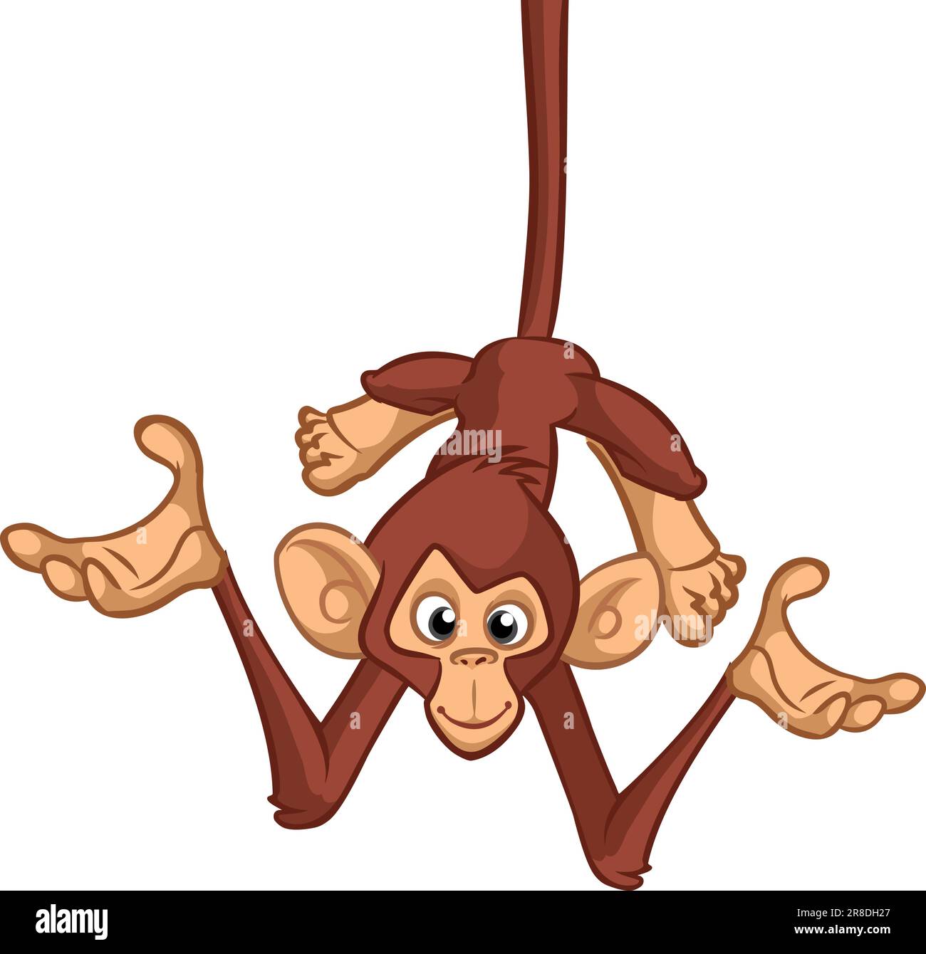Cartoon monkey chimpanzee handing upside down on the tree branch ...