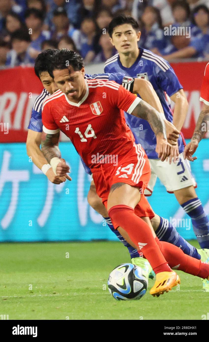 Suita, Japan. 20th June, 2023. Peru's Gianluca Lapadula carries the ...