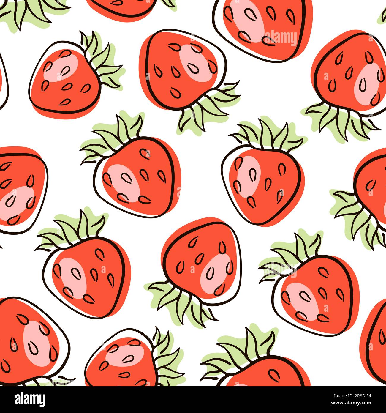 Strawberry outline line art style pattern. Vector Seamless bright ...