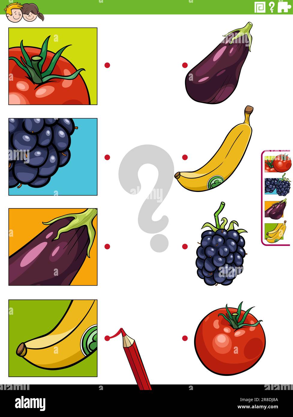 Cartoon illustration of educational matching task with fruit and ...