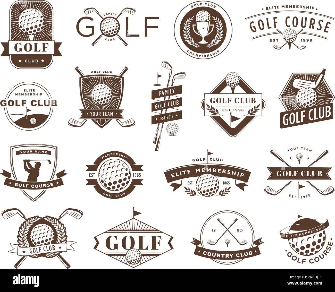 Golf club badges. Game course emblem, golf ball silhouette label and ...