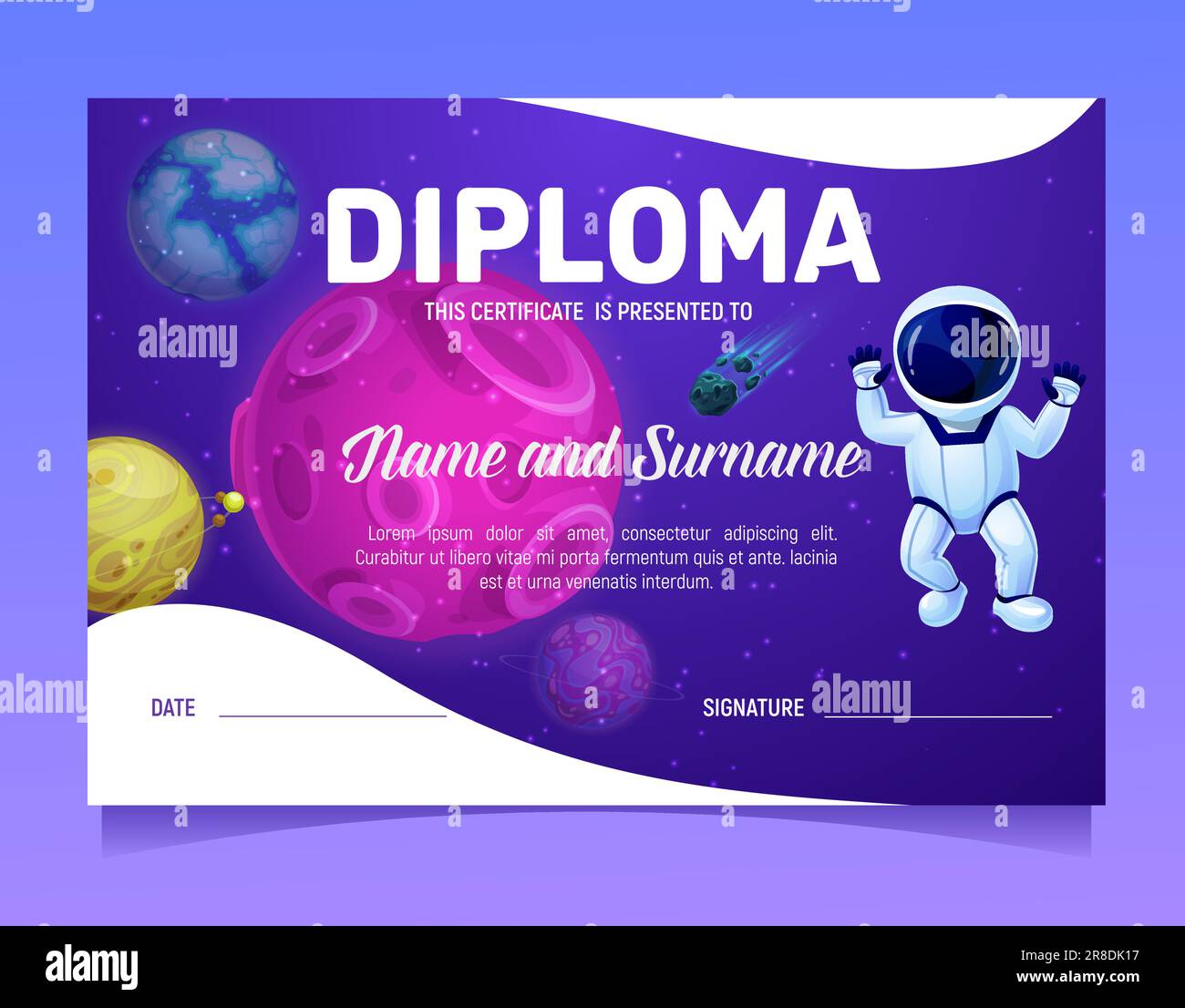 Kids diploma with cartoon galaxy space planets and astronaut vector ...