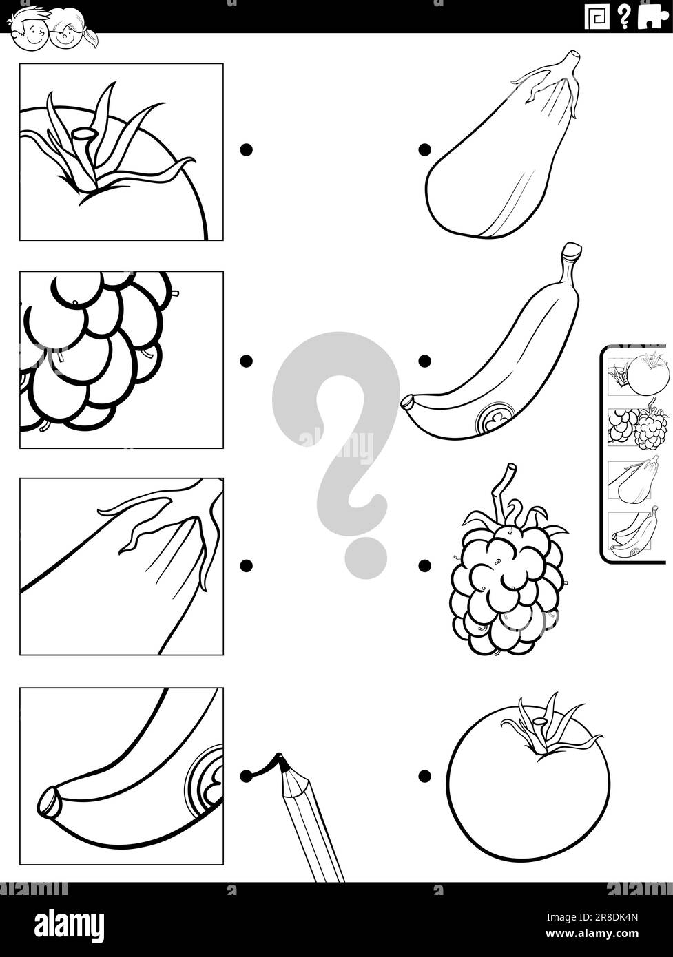 Black and white cartoon illustration of educational matching task with ...