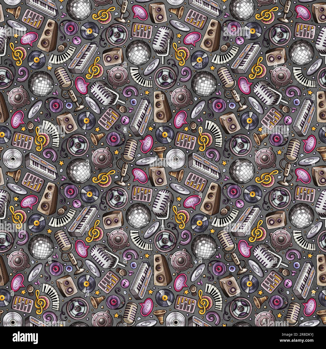 Cartoon cute doodles Disco music seamless pattern. Colorful detailed ...