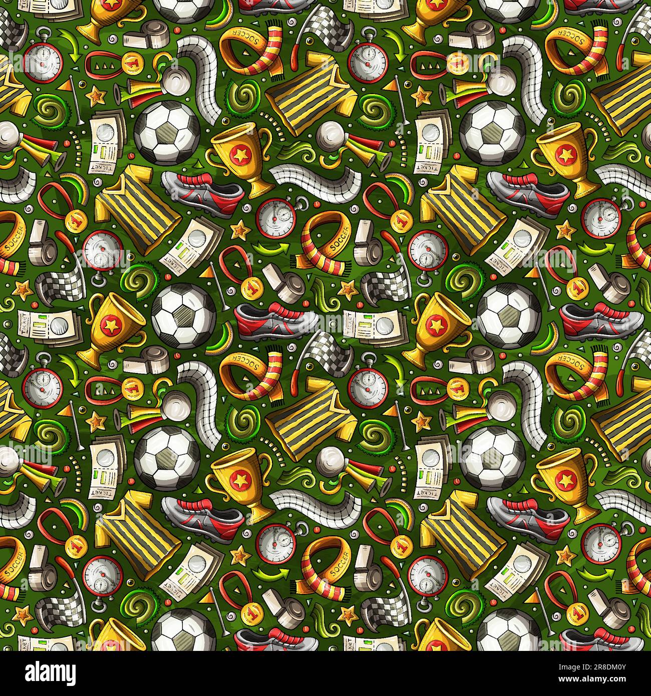 Cartoon Soccer seamless pattern. Lots of football symbols, objects and ...
