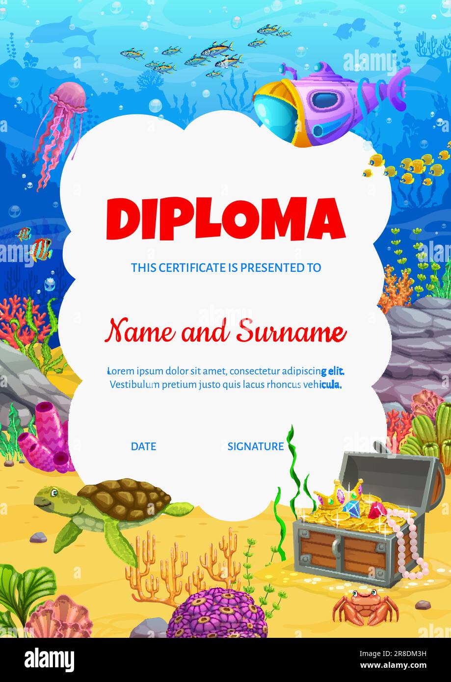 Kids diploma cartoon sea underwater landscape with fish shoal, seaweed ...