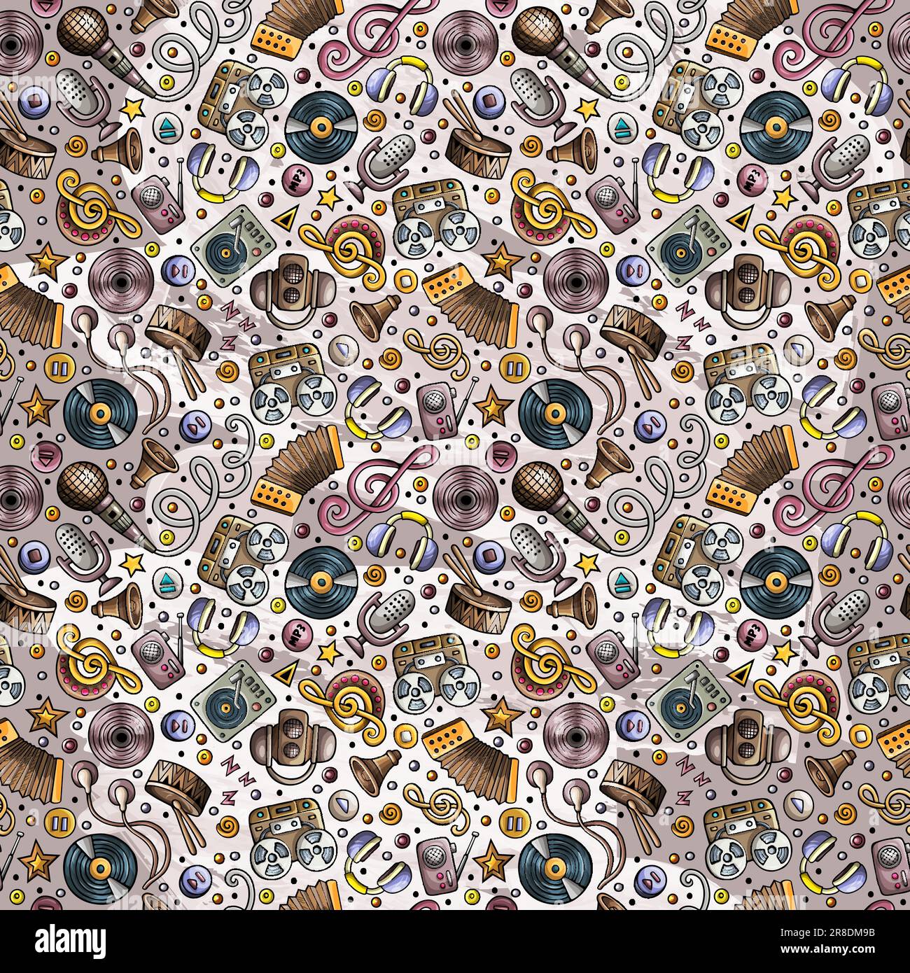 Cartoon musical instruments seamless pattern. Lots of music symbols ...