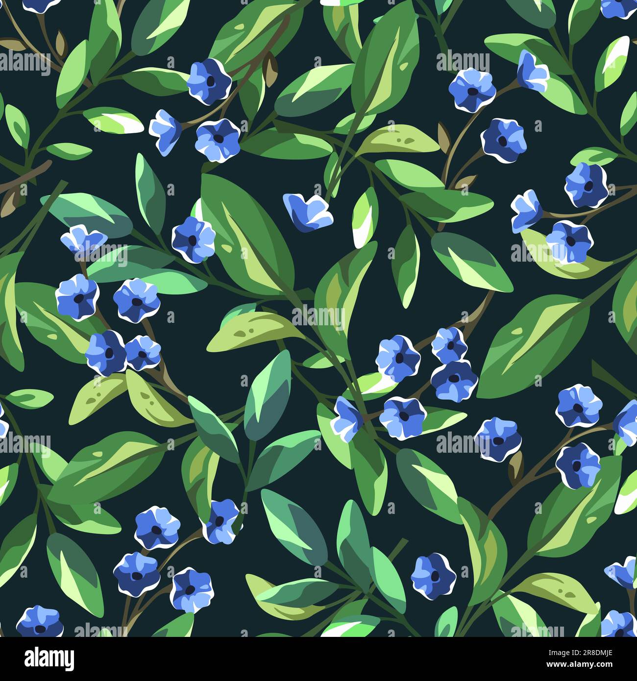 Floral pattern with small blue flowers and green leaves on a black ...