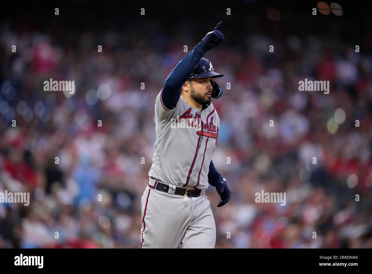 Atlanta Braves' Travis d'Arnaud reacts during a baseball game, Tuesday ...