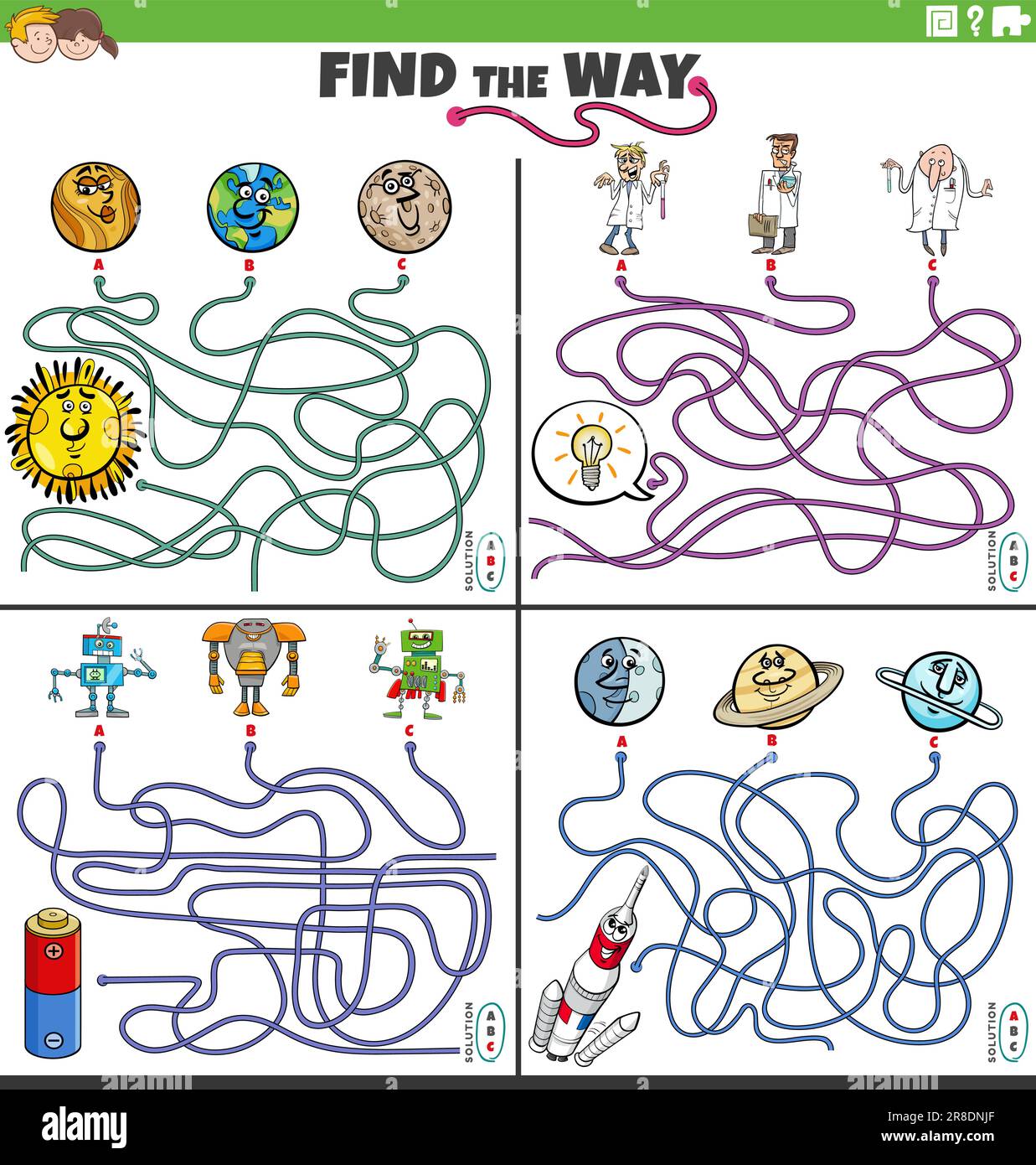 Cartoon illustration of find the way maze puzzle games set with comic ...