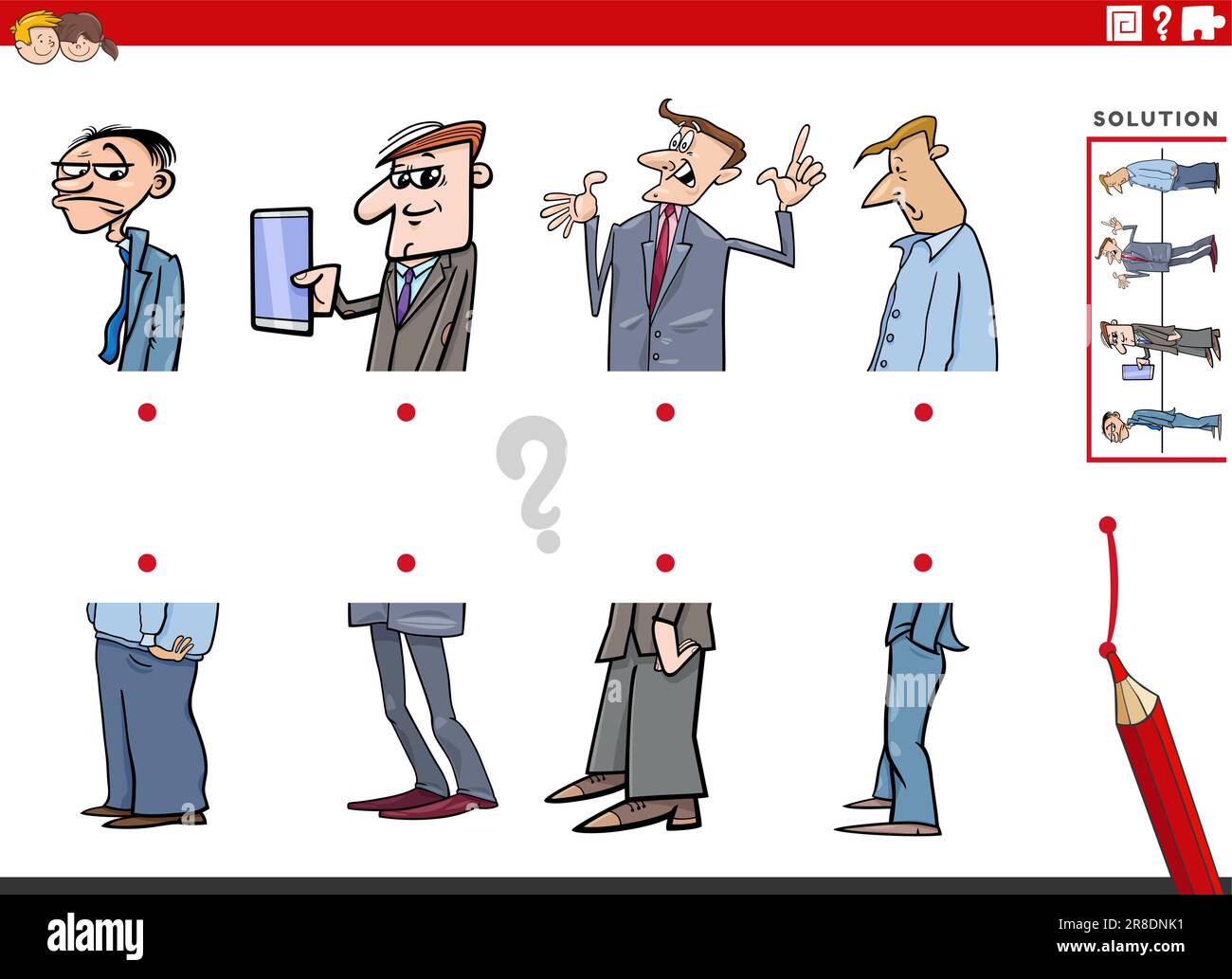 Cartoon illustration of educational game of matching halves of pictures ...