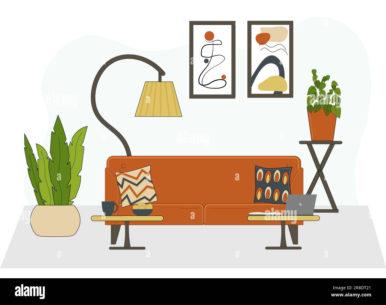 Living room interior. Sofa, pillows, tosher and picture. Flowers in ...