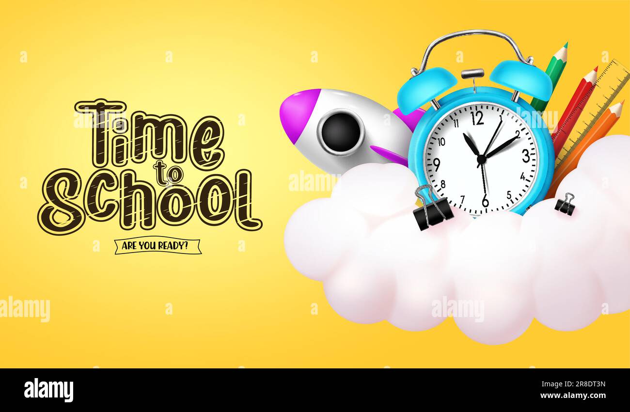 Time to school text vector design. School text with alarm clock and ...