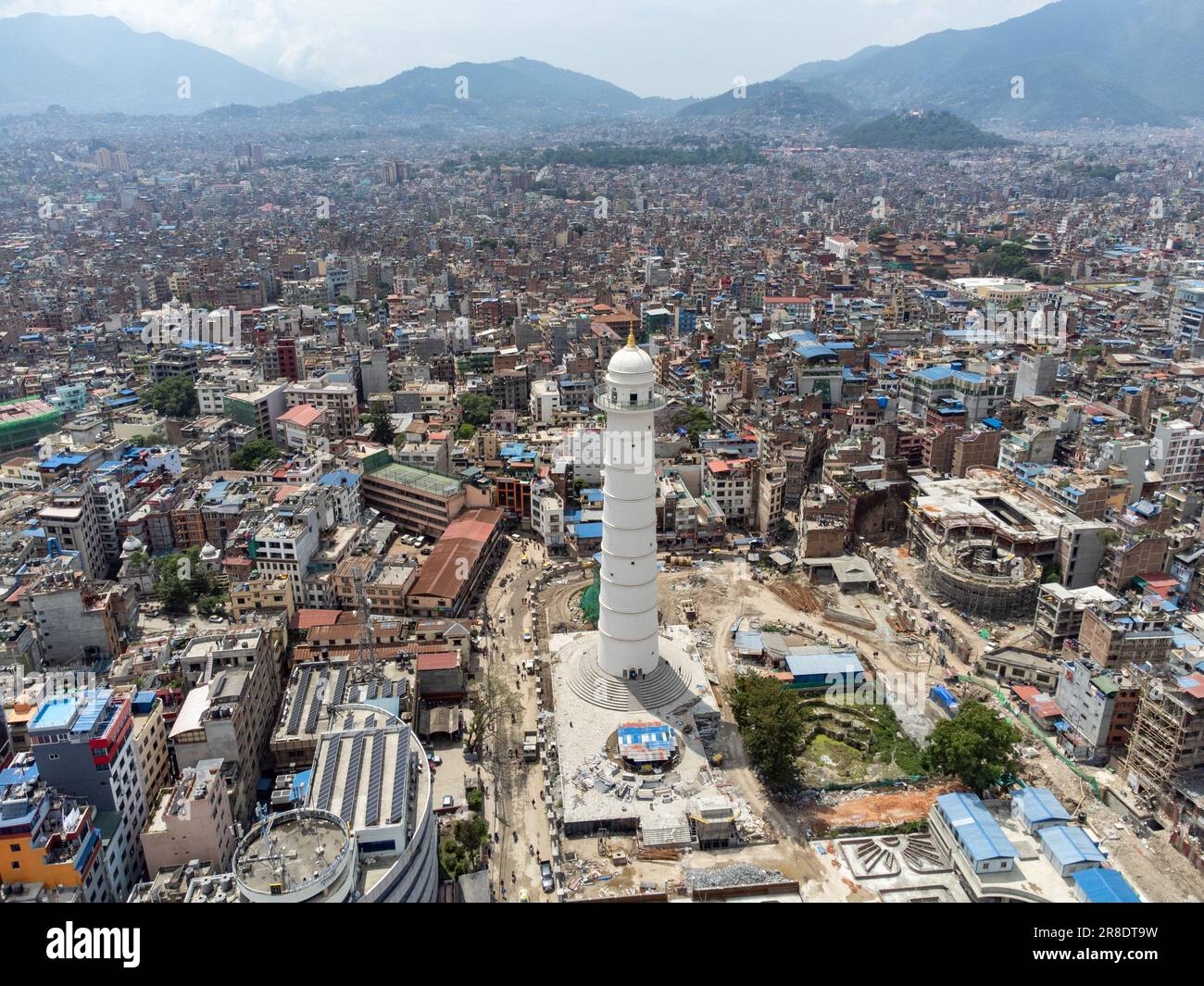 An aerial view of the city of Kathmandu, Nepal on a cloudy day with the ...