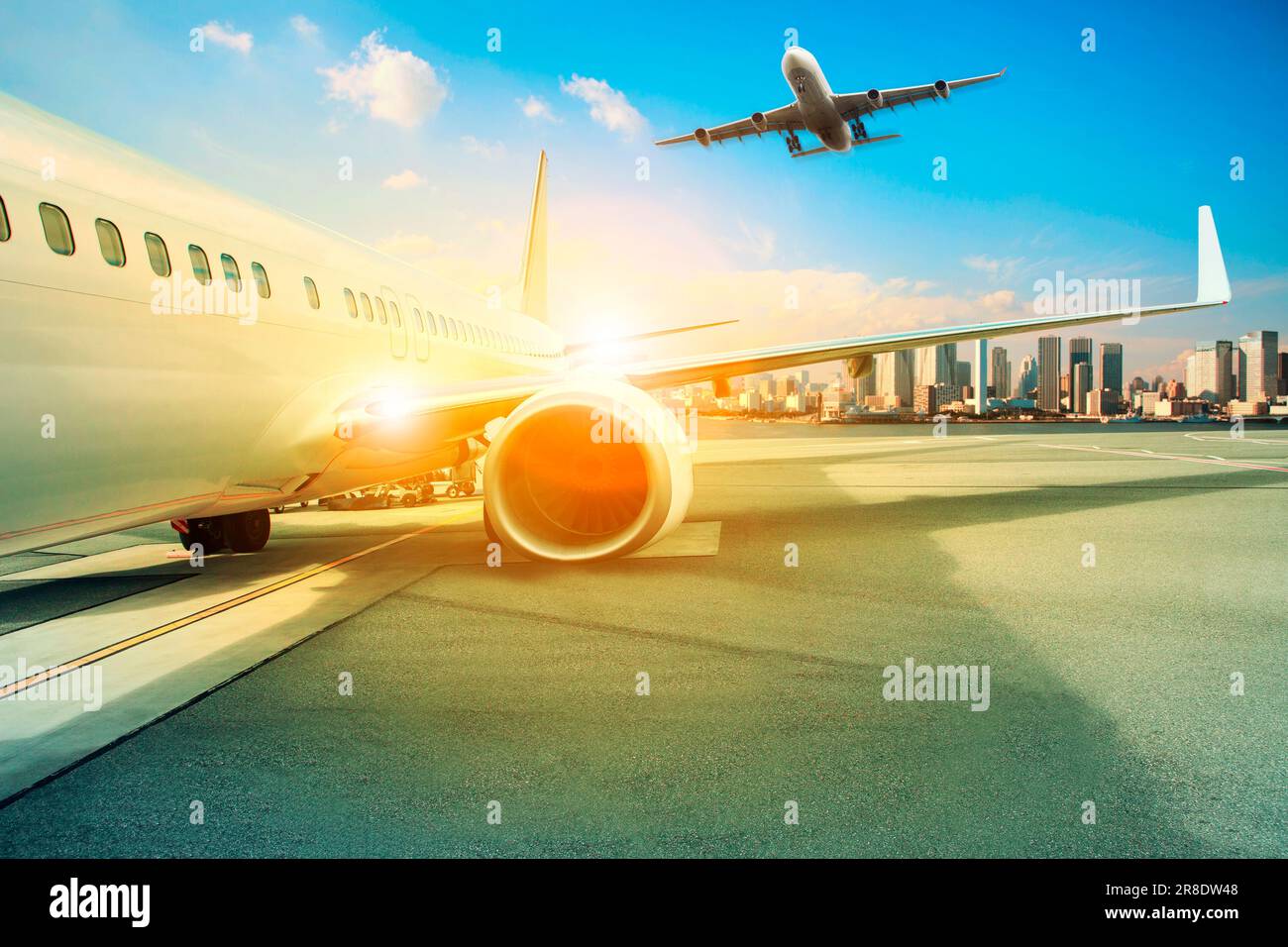 passenger plane parking at airport terminal and other approach for ...