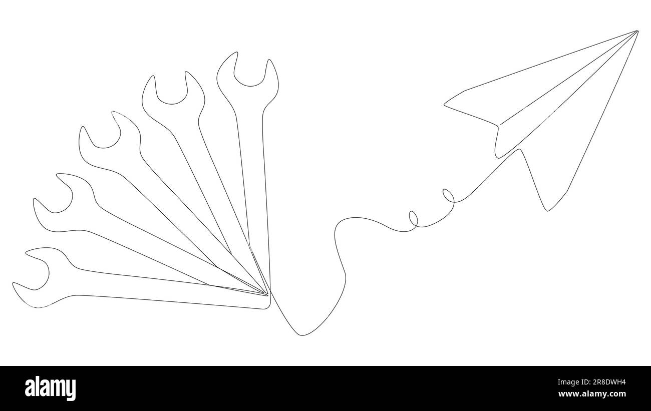 One continuous line of Paper Airplane with Wrench. Thin Line ...