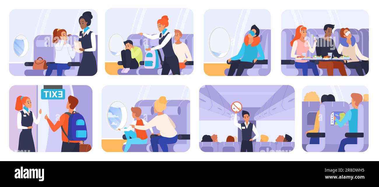 Depicting passengers traveling by plane. Isolated cartoon scenes inside ...