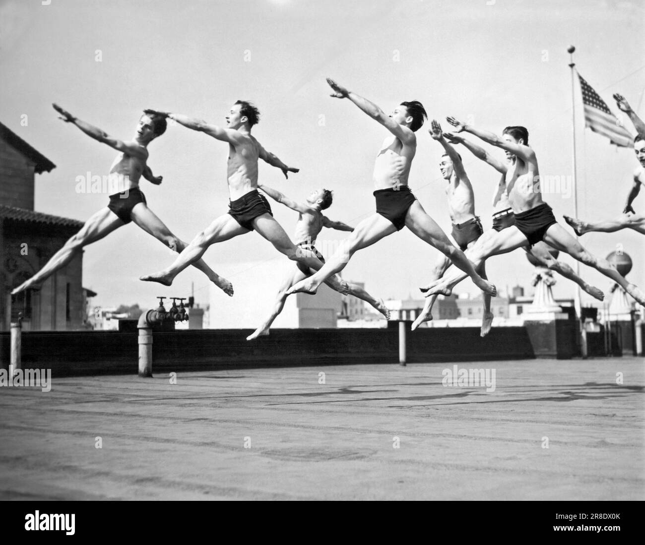 New York, New York: c. 1934. Some of the Ted Shawn dancers practicing ...
