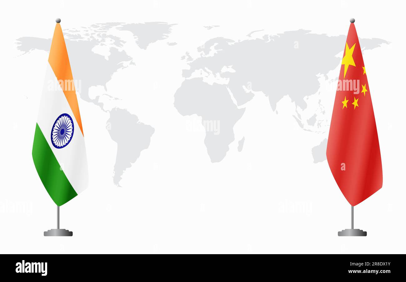 India and China flags for official meeting against background of world ...