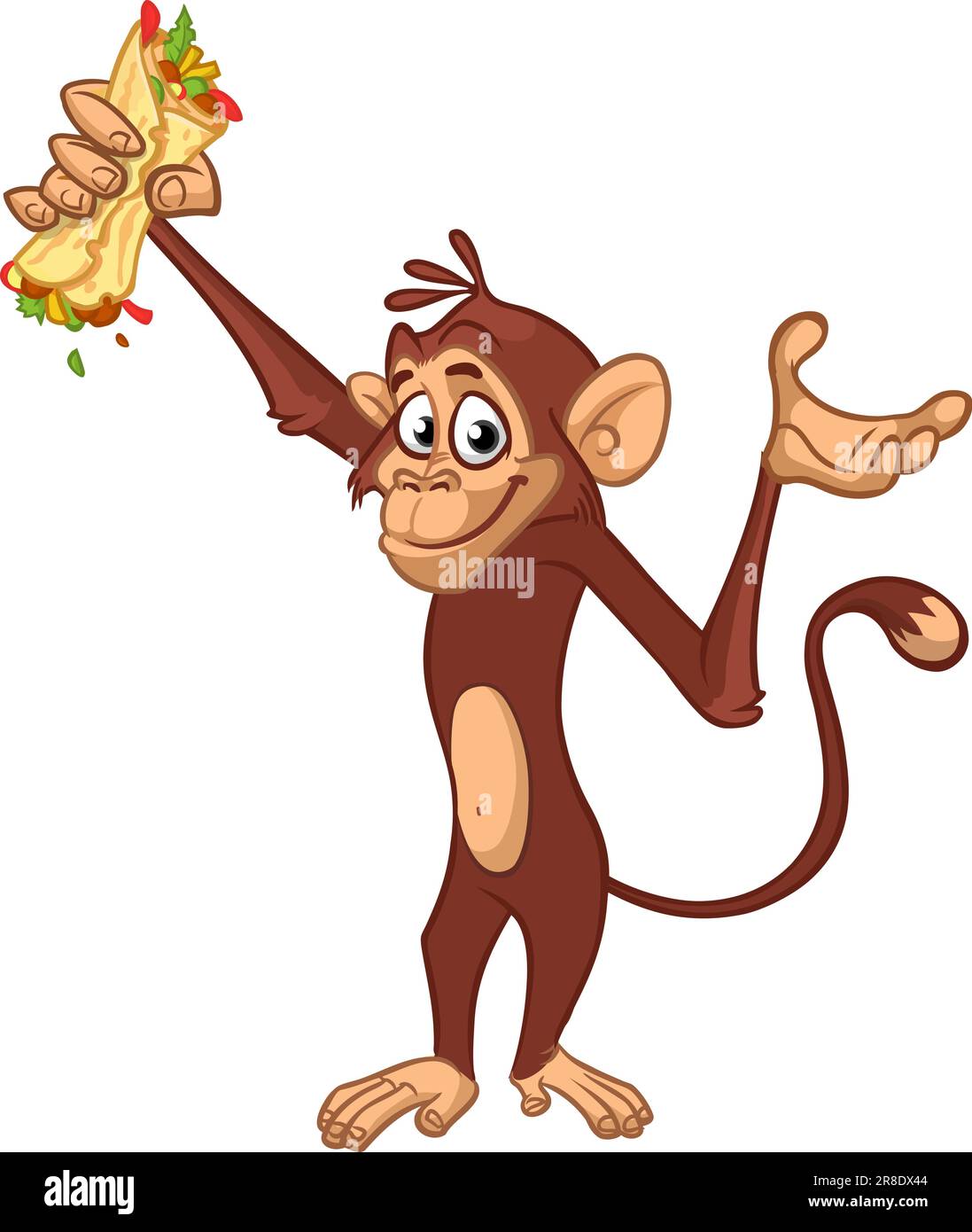 Cartoon funny monkey chimpanzee holding falafel or kebab in his hands ...