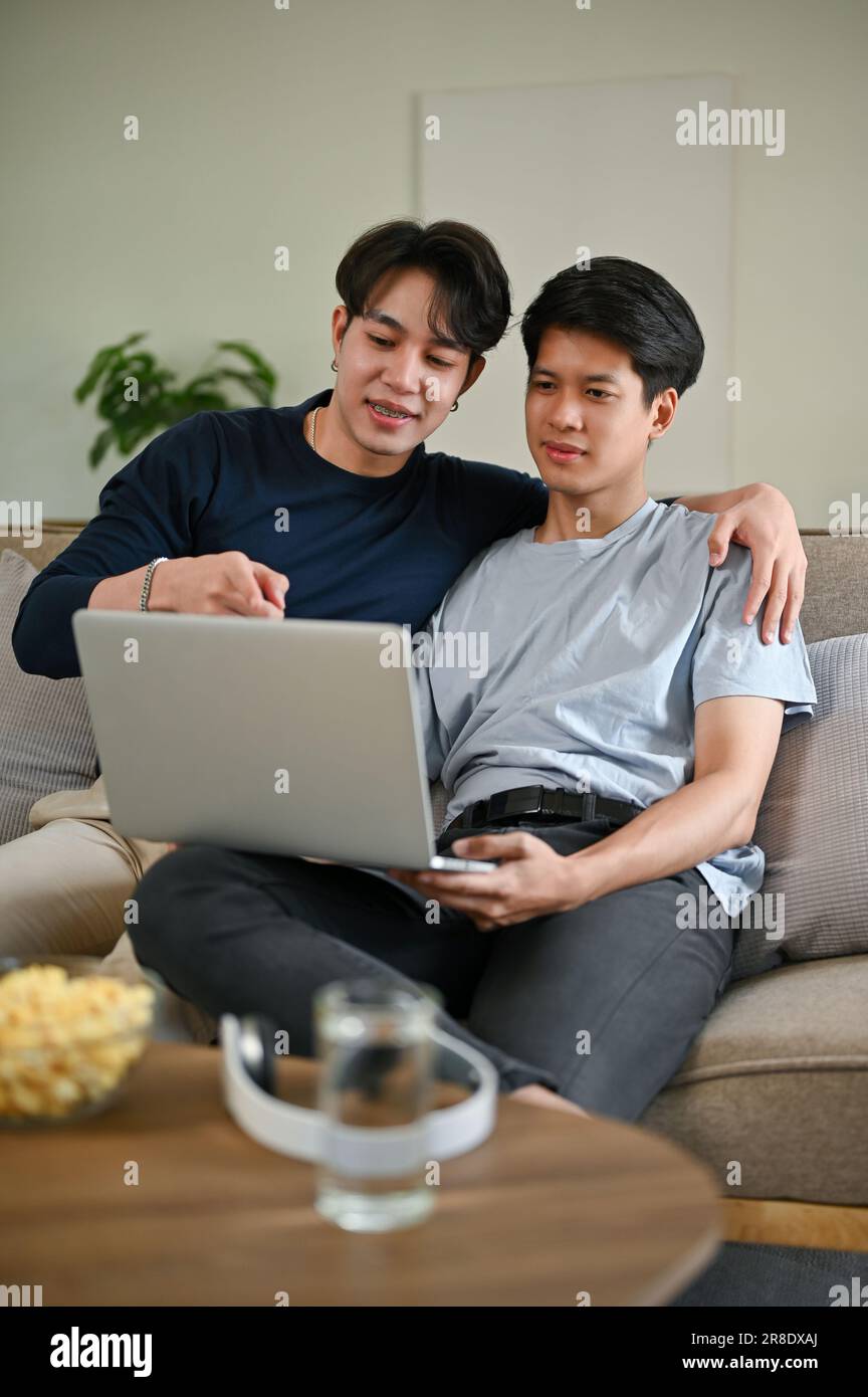 Happy gay couple using laptop hi-res stock photography and images - Alamy