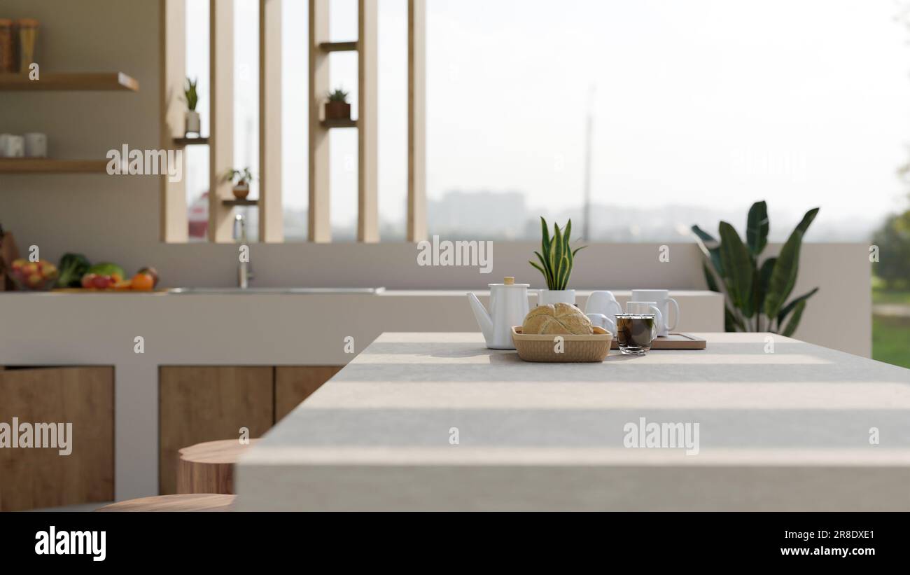 Rear view close-up image of a modern kitchen countertop in a modern ...