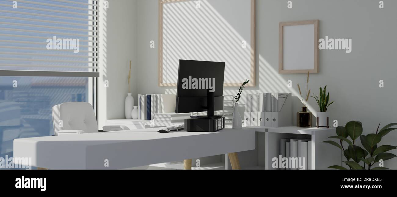 Interior design of a modern white office workspace in a skyscraper with ...