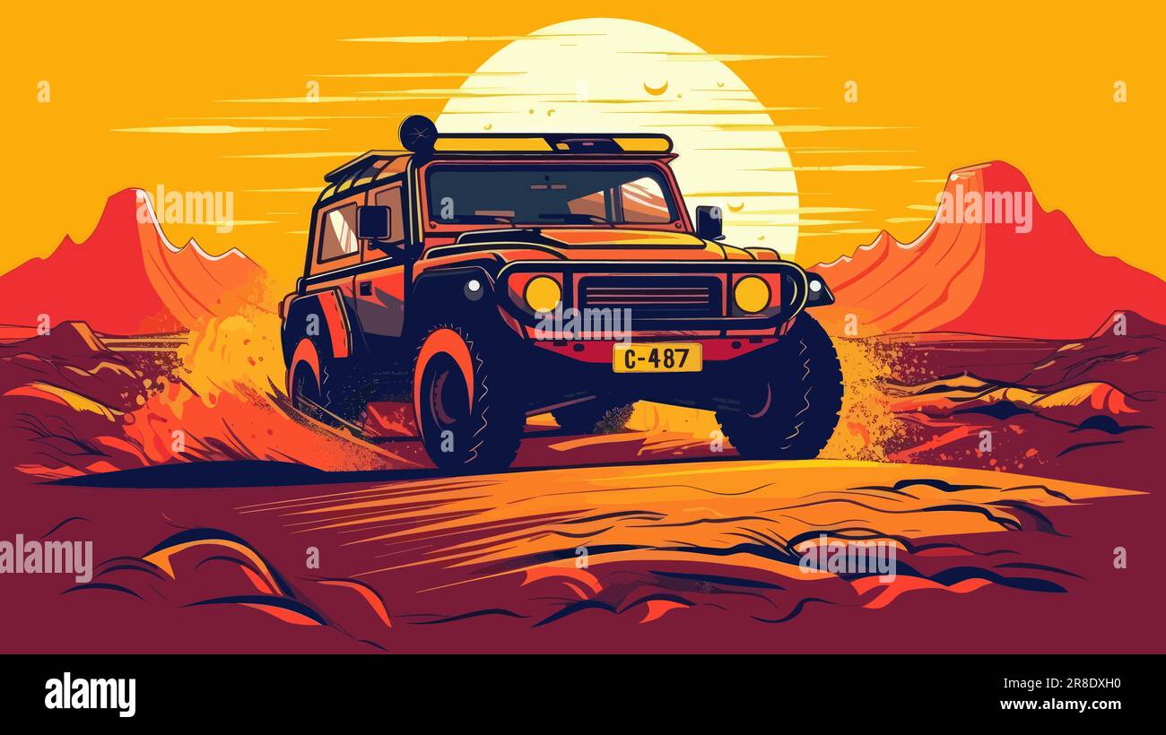 Offroad SUV bashing in canyons desert on a sunset background. 4x4 automotive adventure ...