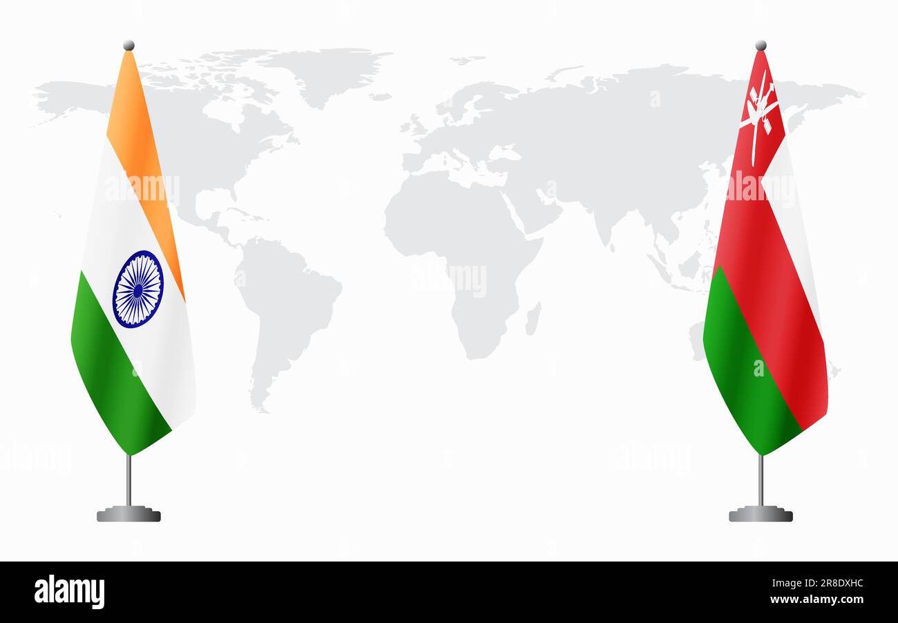 India and Oman flags for official meeting against background of world ...