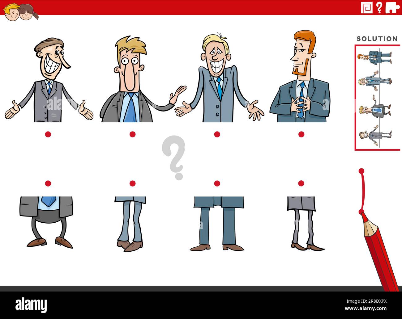 Cartoon illustration of educational game of matching halves of pictures ...