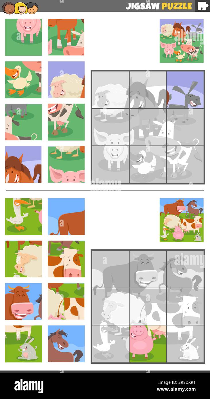 Cartoon illustration of educational jigsaw puzzle activities set with ...