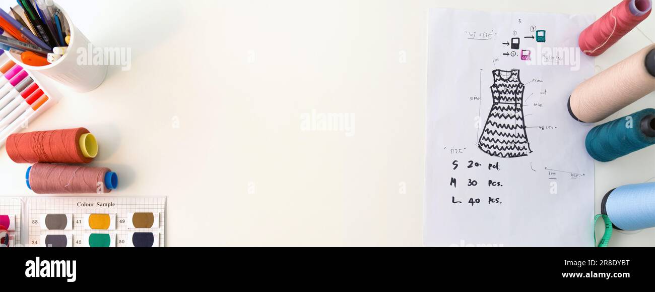 Pattern for cloth, silk thread color sample catalog, tape measure and ...