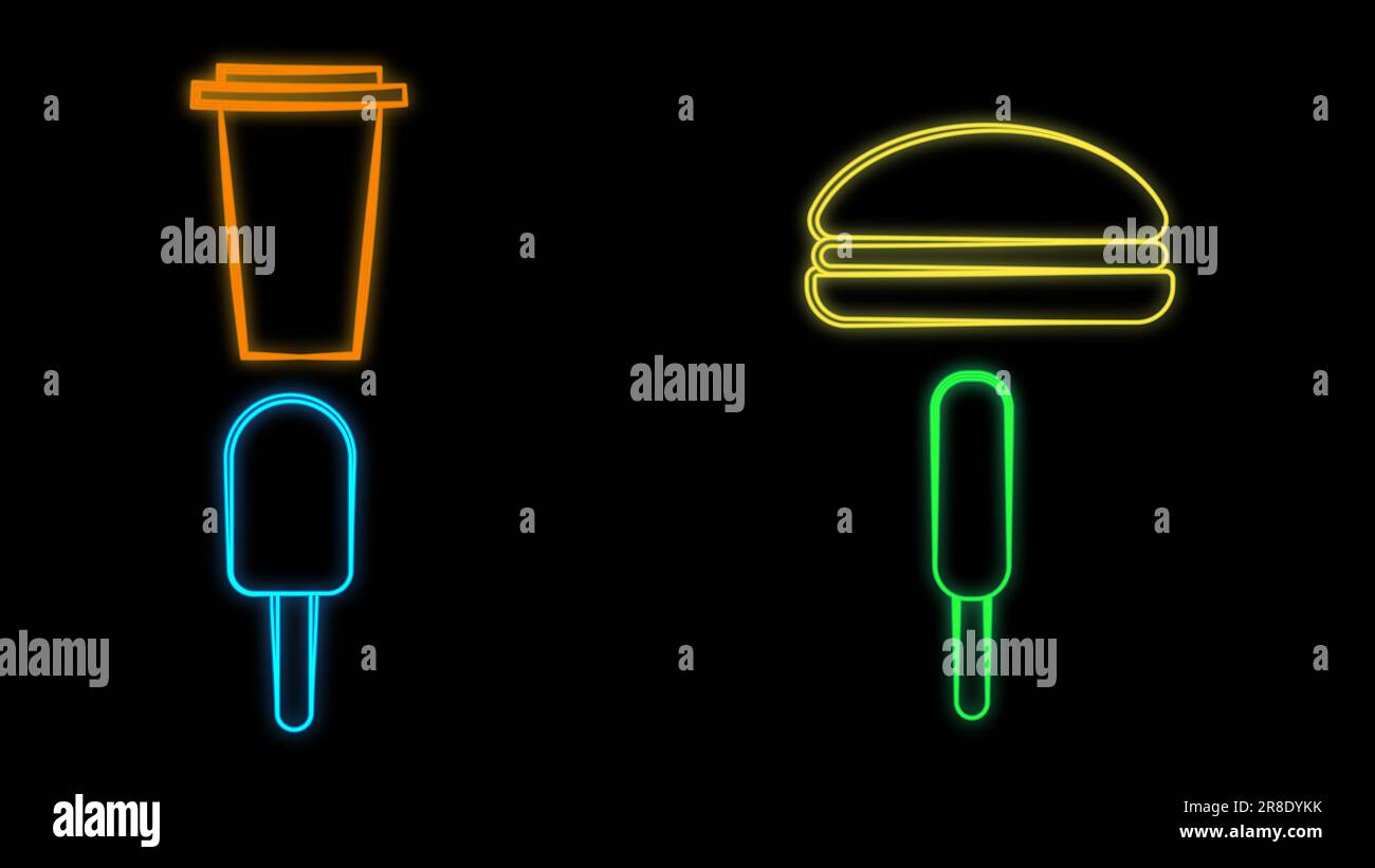 Food Neon Icons. Burger, Ice Cream And Drinks, Hot Dog And Pizza Color ...