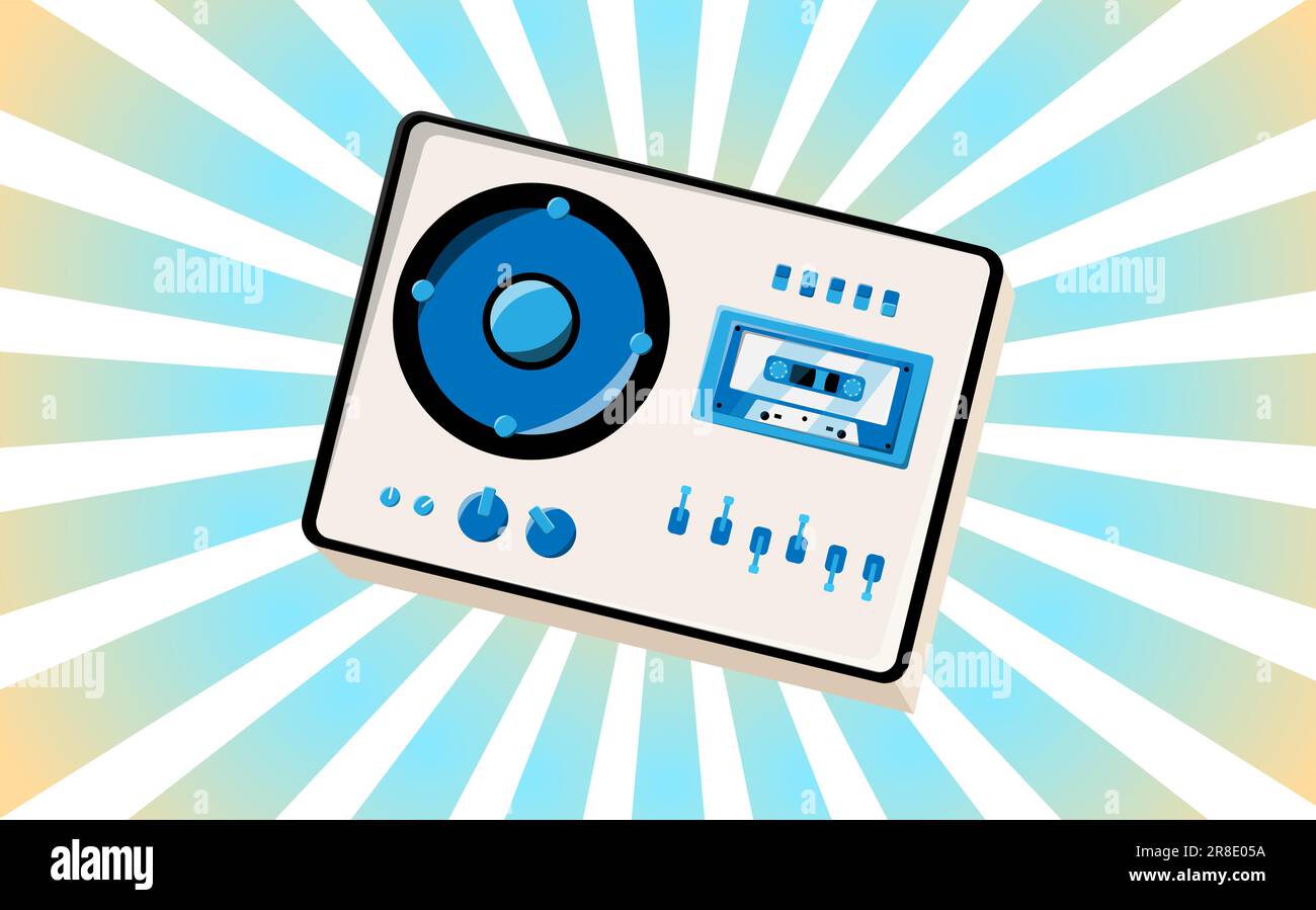 Old retro vintage poster with music cassette tape recorder with ...