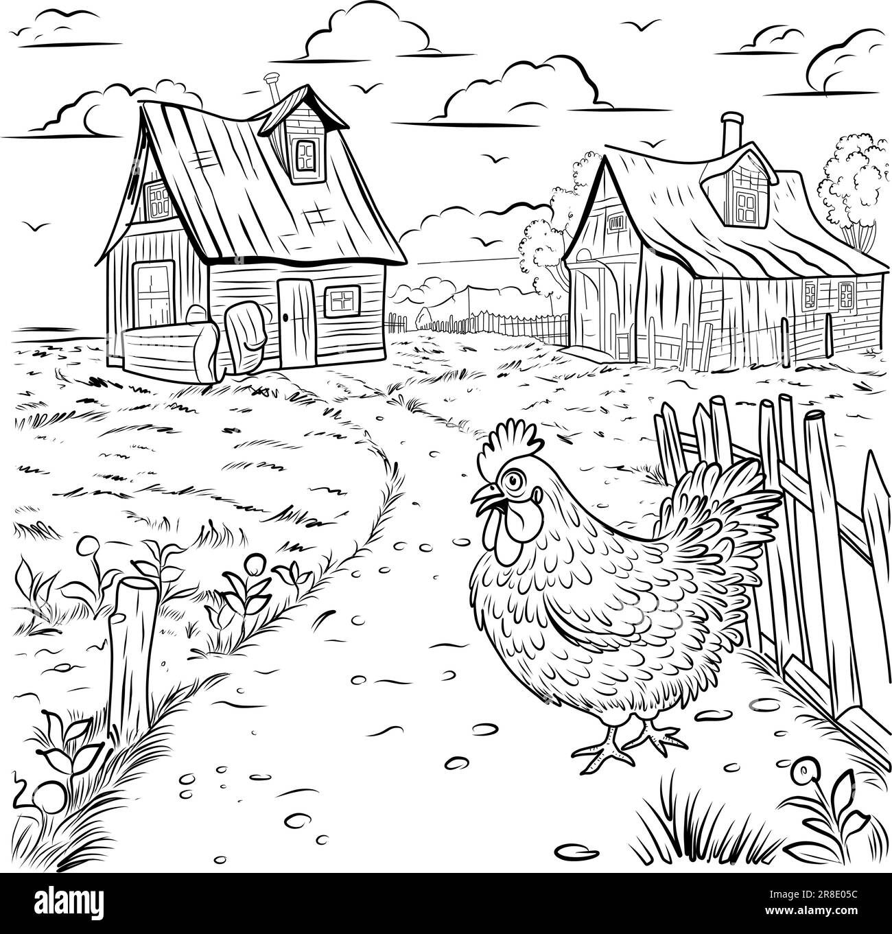 Bird farm coloring page. Hens and chicks linear illustration for ...