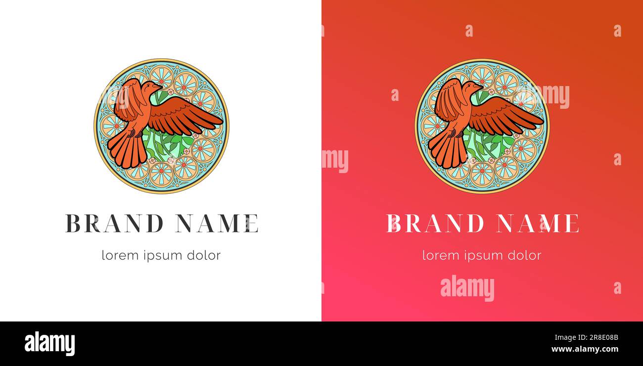 Flying red bird on abstract circle decorative mandala logo. Business ...