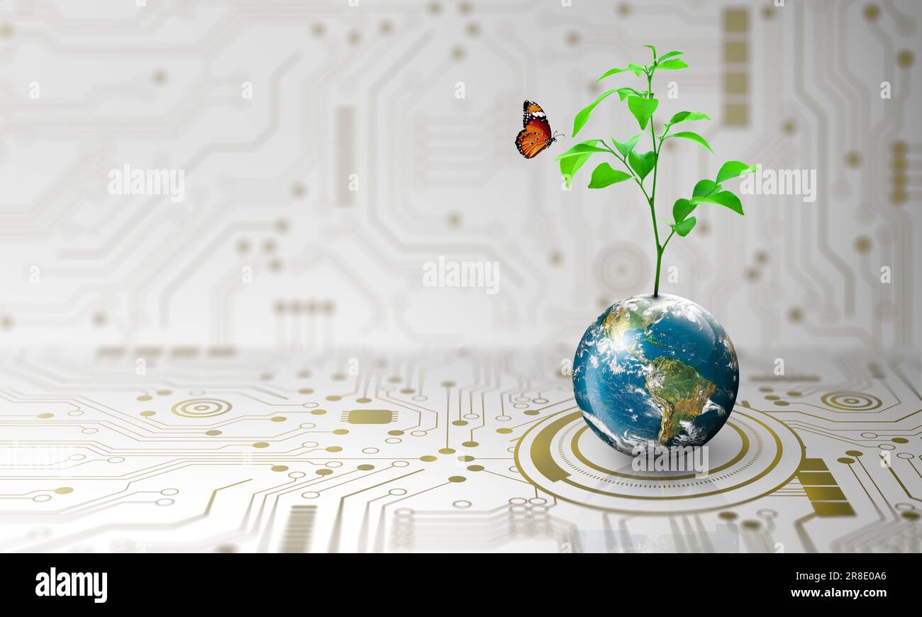 Tree growing on Earth with abstract blue background. Environmental ...