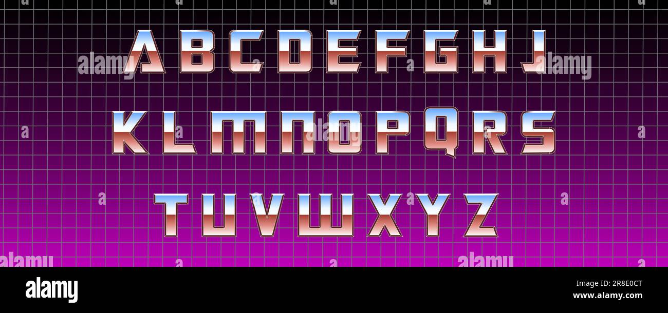 Retro alphabet on grid background. Metallic letters in 80's and 90's ...