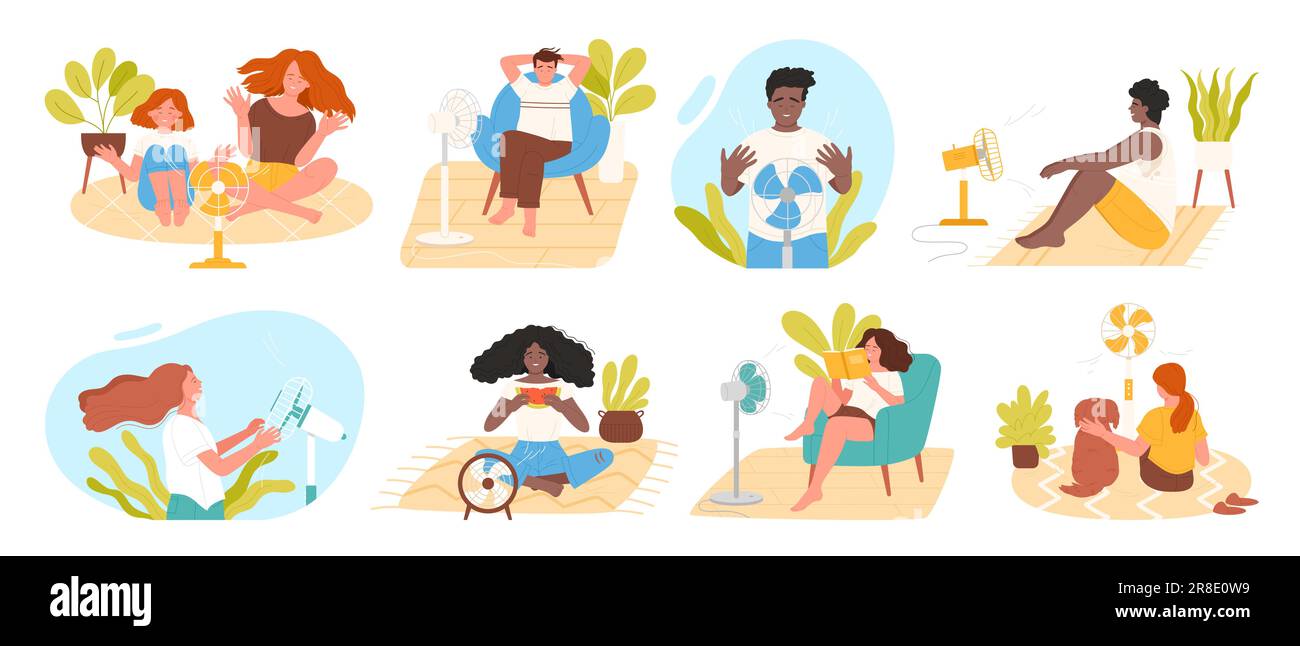 People enjoy fresh air flow of electric fan in summer heat vector ...