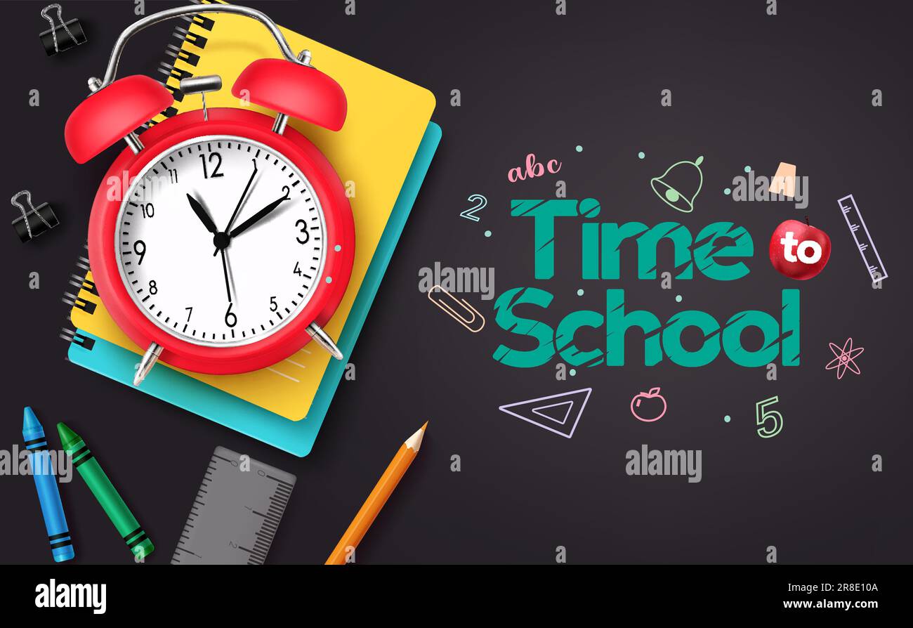 Time to school text vector design. Alarm clock and notebook elements ...