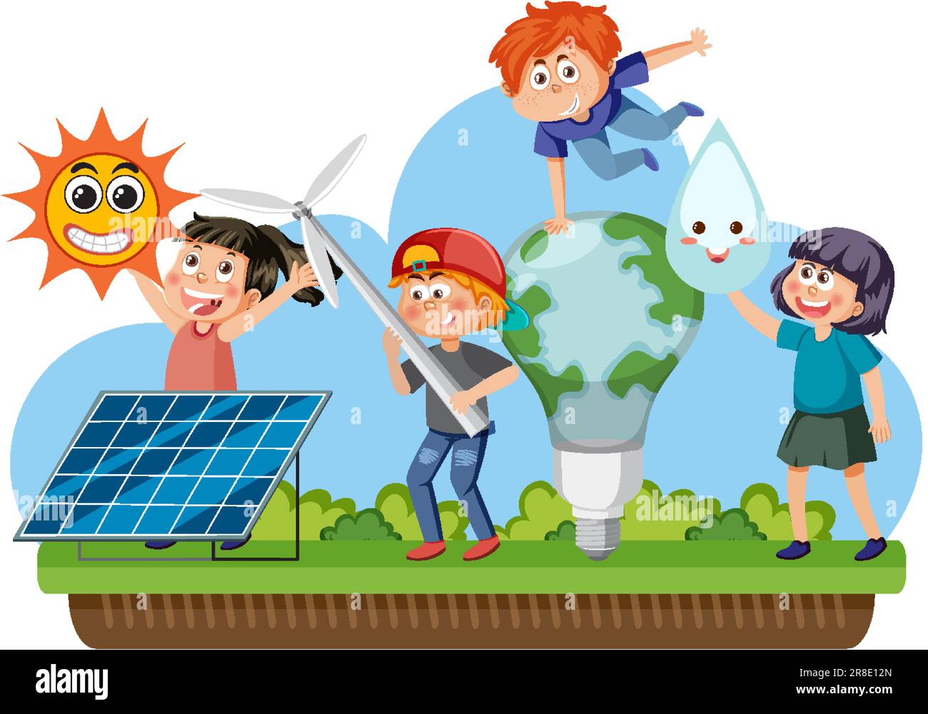 Children with solar panels and wind turbines illustration Stock Vector ...