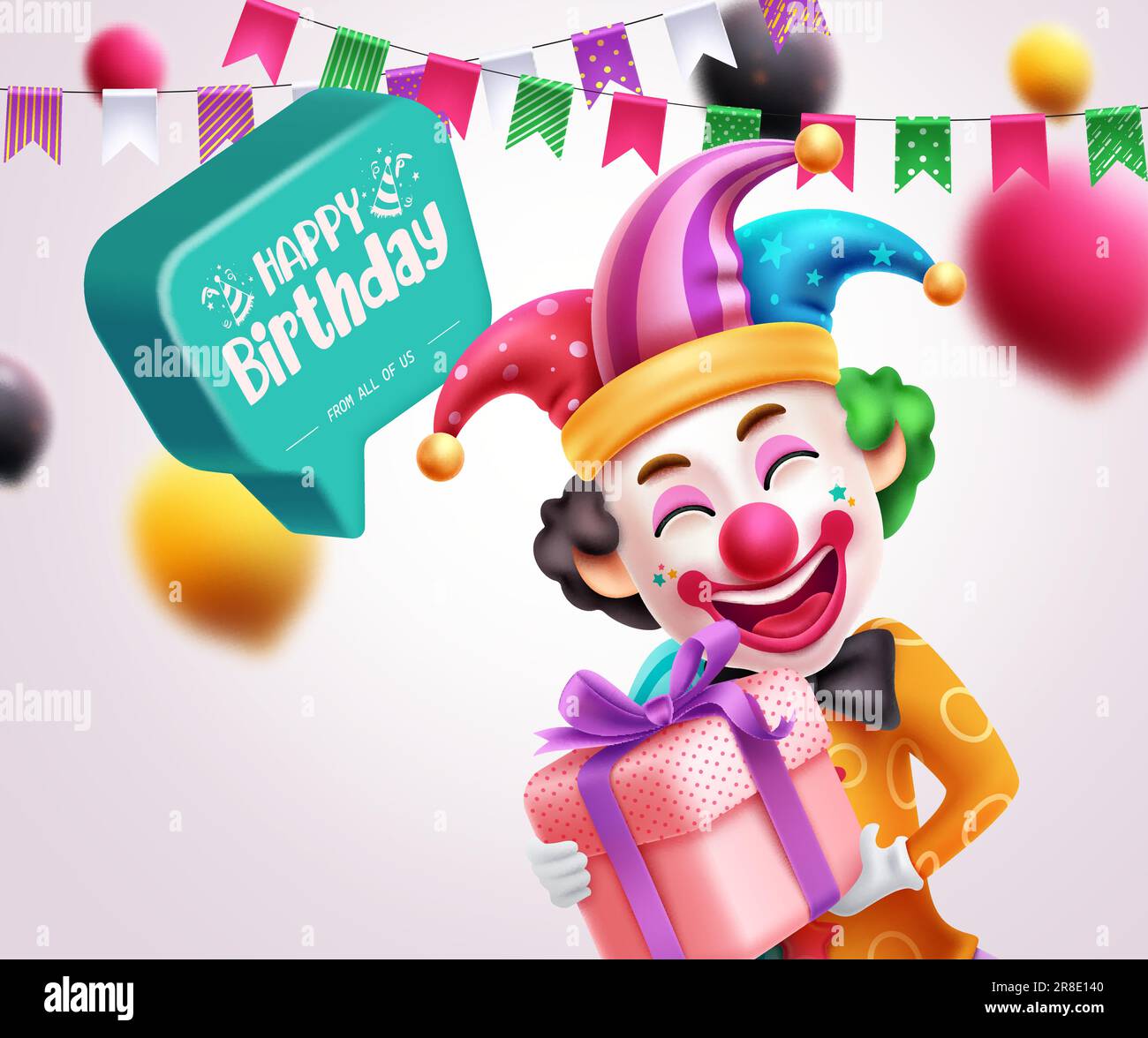 Birthday clown character vector design. Happy birthday greeting text in ...